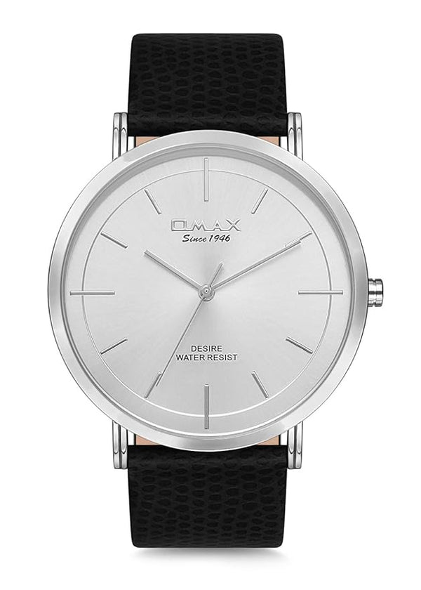Omax Silver Dial Silver Case Black Leather Strap Watch for Men – DX31P62I