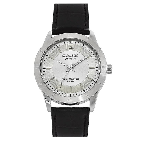 Buy Omax Silver Dial Silver Case with Genuine Leather Strap Watch for Men
